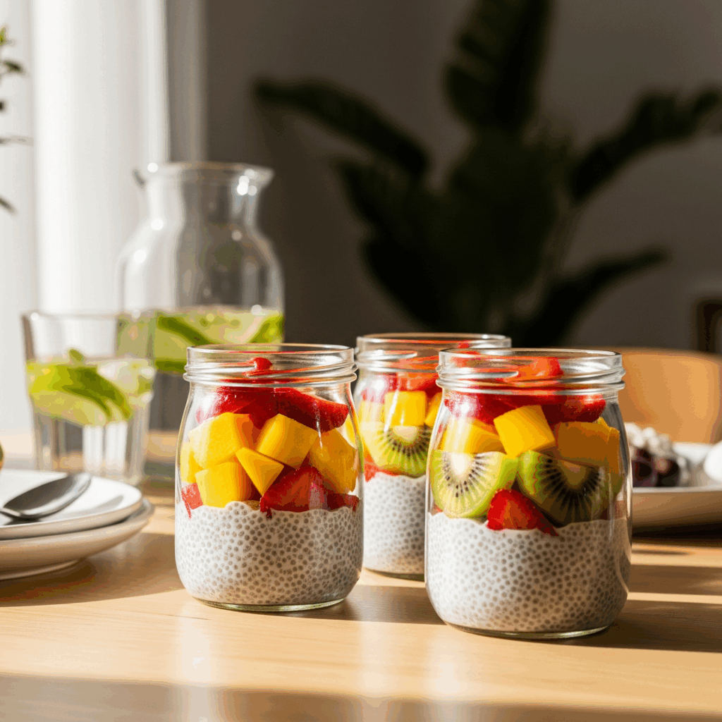 Budincă de chia cu lapte vegetal și fructe fresh